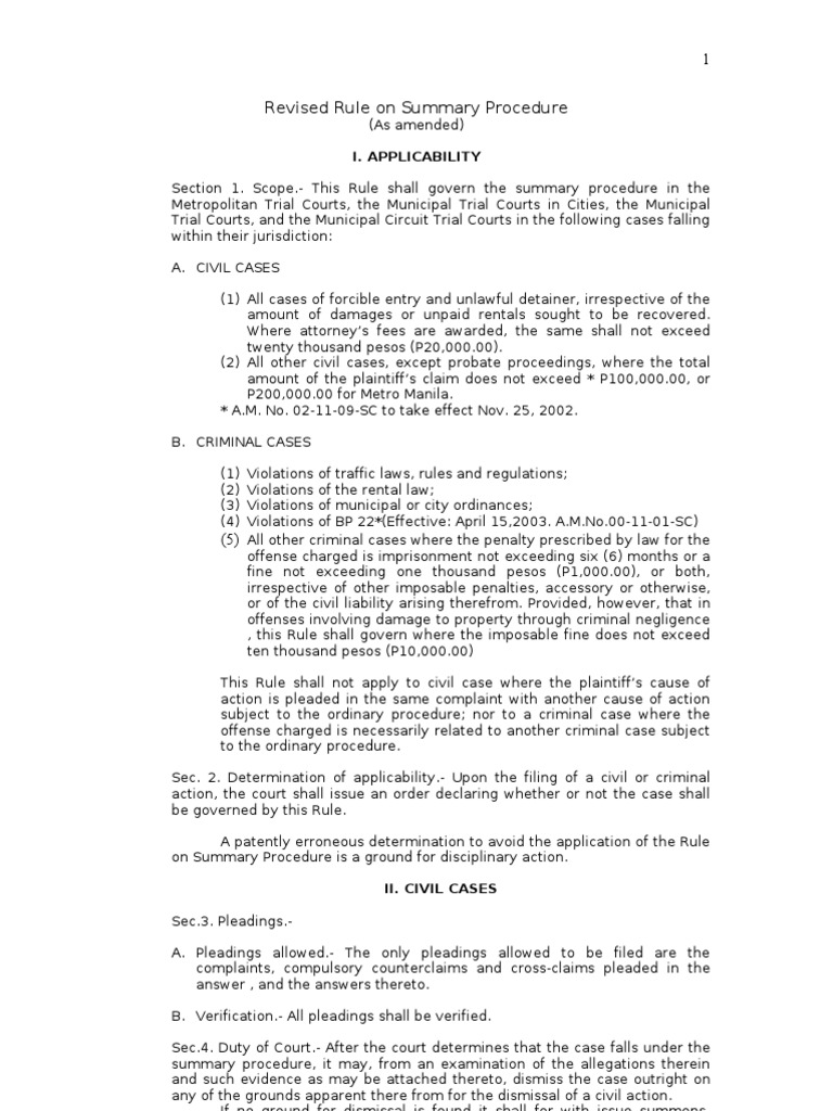 Revised Rule On Summary Procedure | PDF | Pleading | Complaint