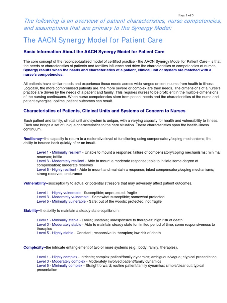 The AACN Synergy Model For Patient Care | PDF | Health Care | Nursing