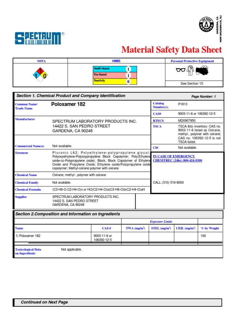 Poloxamer 182 Safety Data Sheet | PDF | Toxicity | Biodegradation