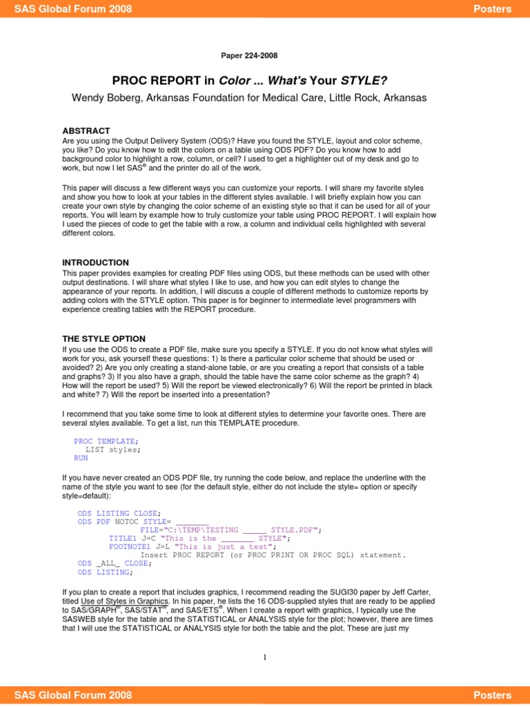 Proc Report With Colour Pdf Sas Software Variable Computer