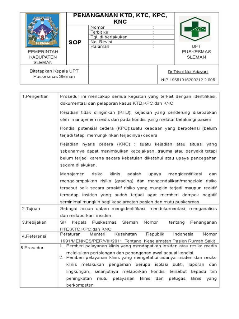 Sop Penanganan KTD, KTC - KPC, KNC Sleman | PDF
