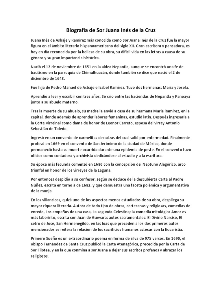 Biografía de Sor Juana Inés de La Cruz | PDF