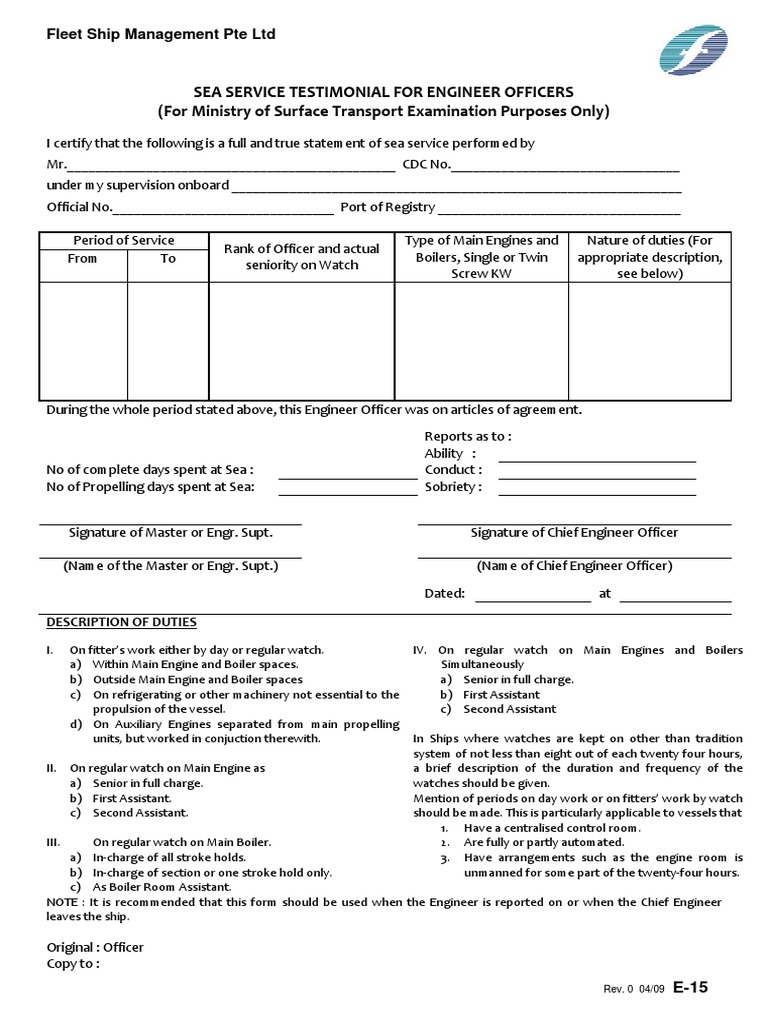 Engineer Sea Service Testimonial Form | PDF | Ships | Water Transport
