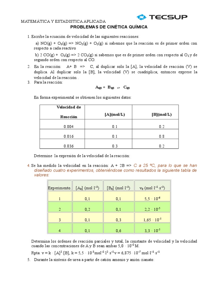 Ejercicios De Cinetica Pdf Velocidad De Reacción Ciencias Fisicas
