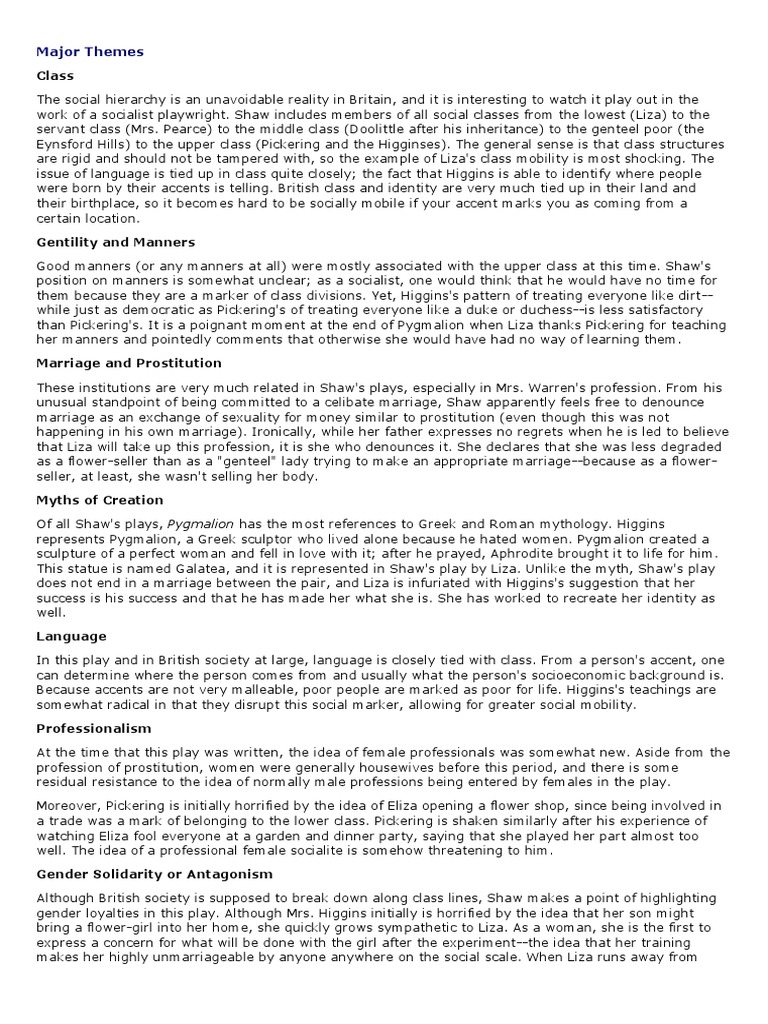 Major Themes: Class | PDF | Pygmalion (Play)