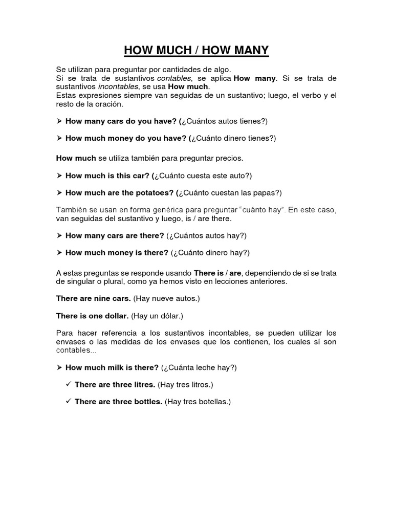 Ejemplos y ejercicios de How Much/How Many | PDF | Sustantivo | Morfología