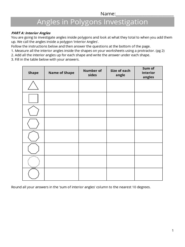 Angles in Polygons Investigation v2 | PDF | Angle | Summation
