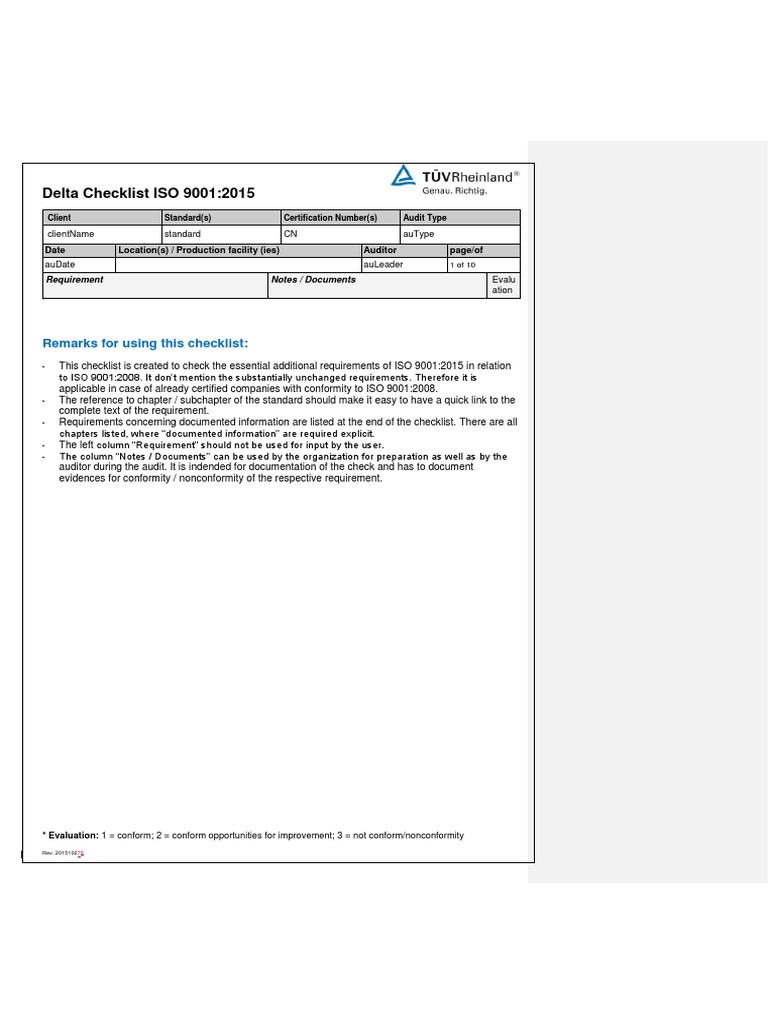 Delta ISO 9001:2015 Audit Checklist | PDF | Iso 9000 | Audit