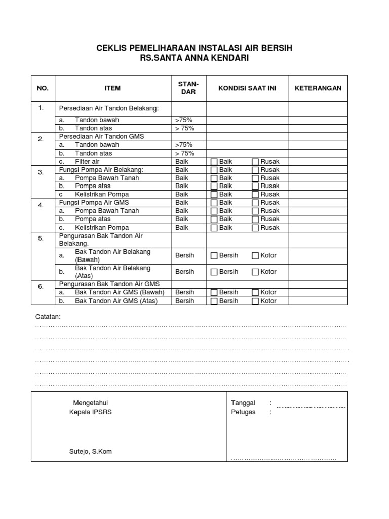 Ceklis Harian Ketersediaan Air Bersih Fix | PDF
