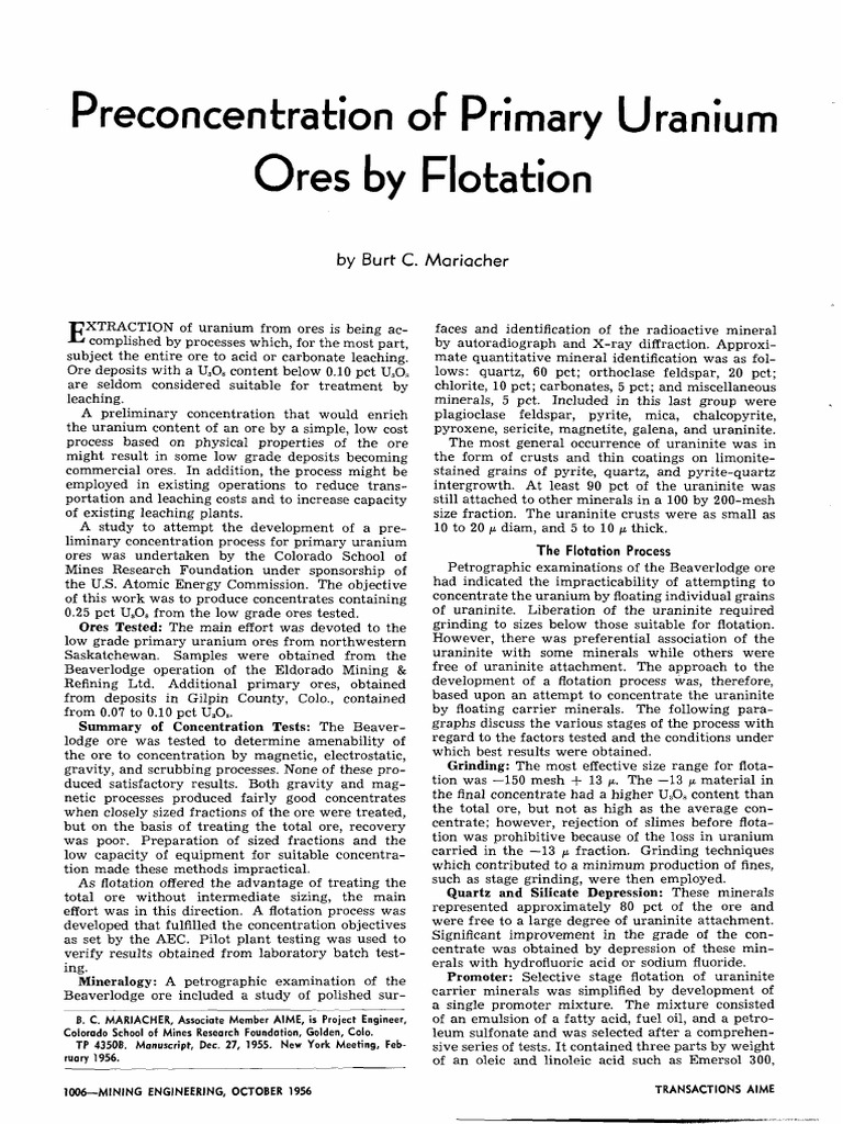Preconcentration Primary Uranium Ores by Flotation | PDF | Uranium ...