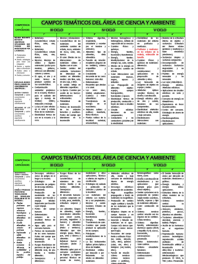 Campos Temáticos Del Área De Ciencia Y Ambiente: Iii Ciclo Iv Ciclo V ...
