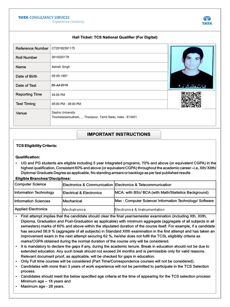 Hall Ticket: TCS National Quali Er (For Digital) : Important ...
