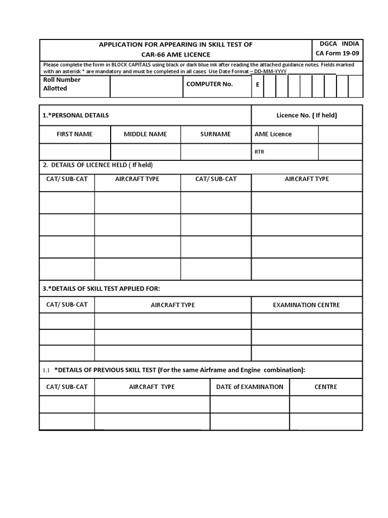 Application For Appearing in Skill Test of Car-66 Ame Licence | PDF ...