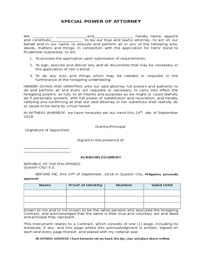 Heirs' Bond Application Power of Attorney | PDF