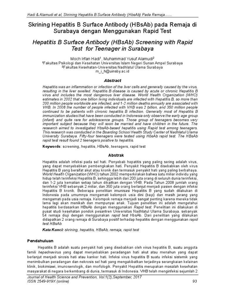 Hepatitis B Surface Antibody (Hbsab) Screening With Rapid Test For ...