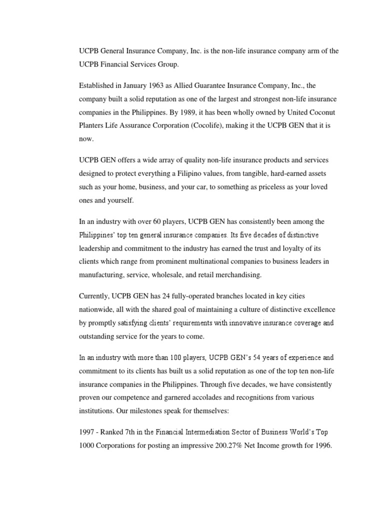 UCPB GEN Brief History | PDF | Iso 9000 | Insurance