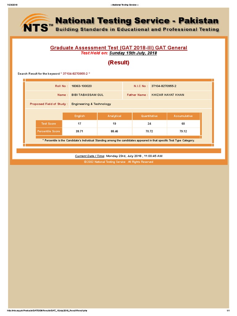 Graduate Assessment Test (GAT 2018-III) GAT General: (Result) | PDF