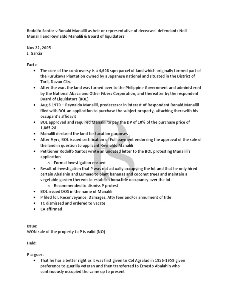 Manalili Land Sale Dispute Summary | PDF | Government | Common Law