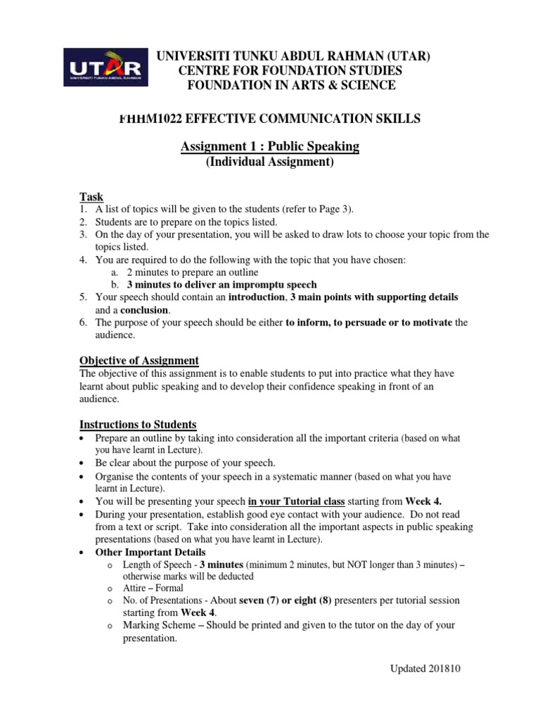 Public Speaking Assignment Guidelines | PDF | Lecture | Public Speaking