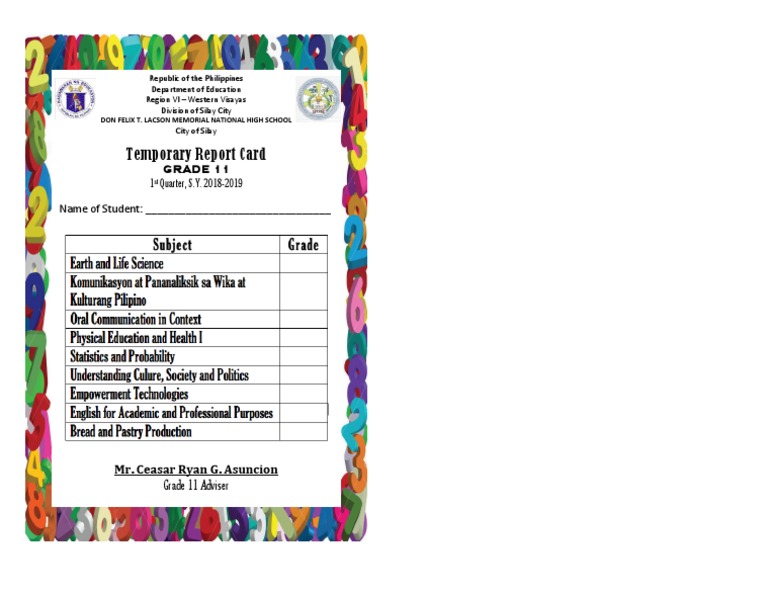 Temporary Report Card: Grade 11 | PDF