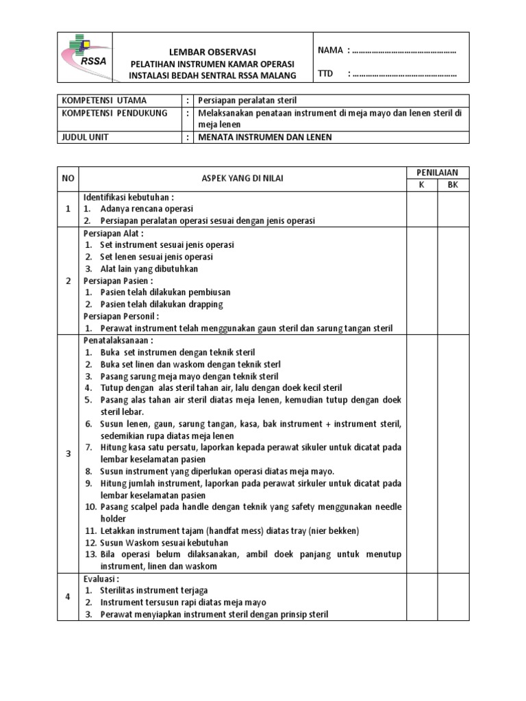 Ceklist 4 Menata Instrumen Dan Linen | PDF