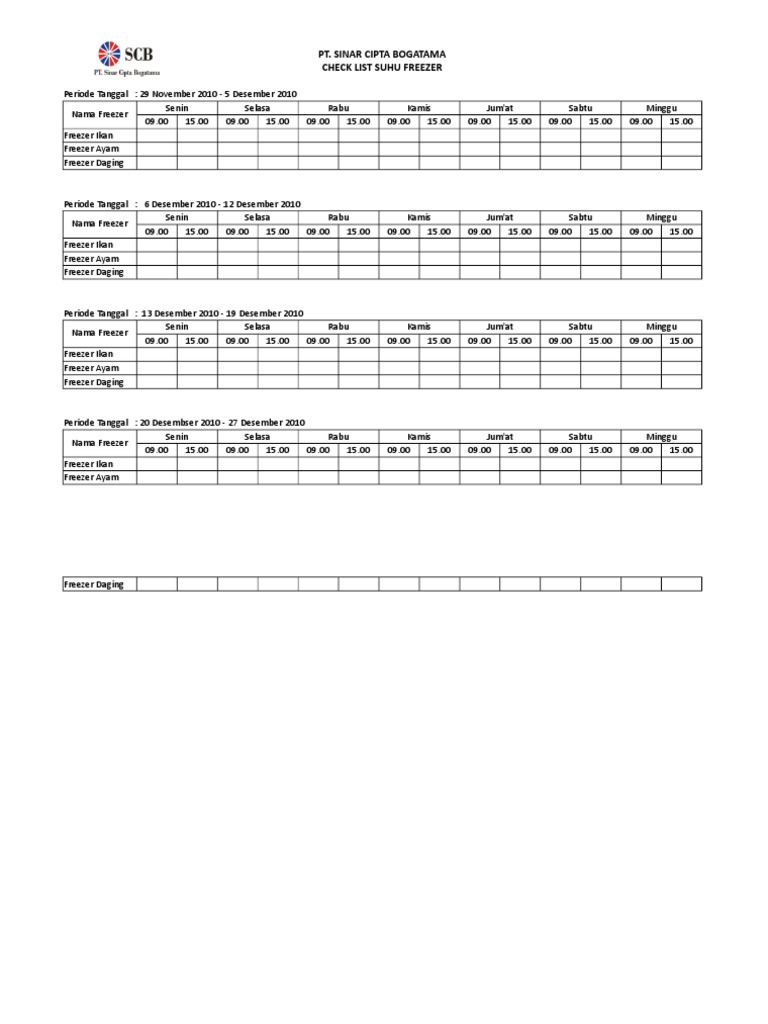 Check List Suhu Freezer | PDF