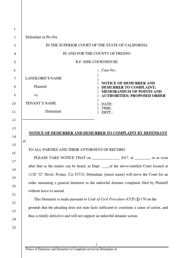 Notice Of Demurrer And Demurrer To Complaint; Memorandum Of Points And ...