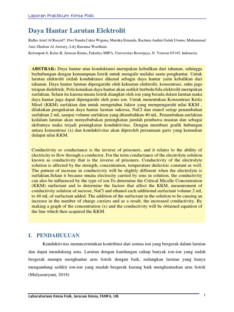 Laporan Praktikum Kimia Fisik Judul Daya Hantar Larutan Elektrolit | PDF