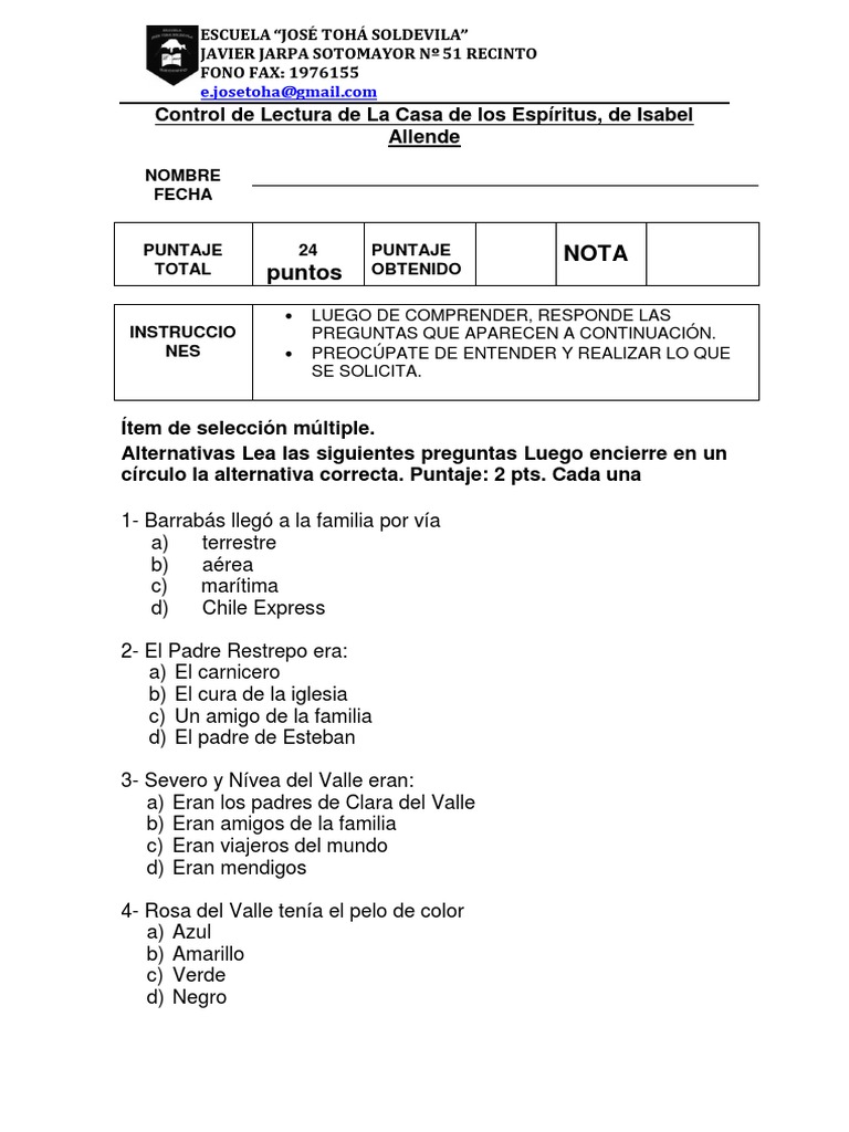 Prueba La Casa de Los Espiritus 8vo | PDF | Ocio