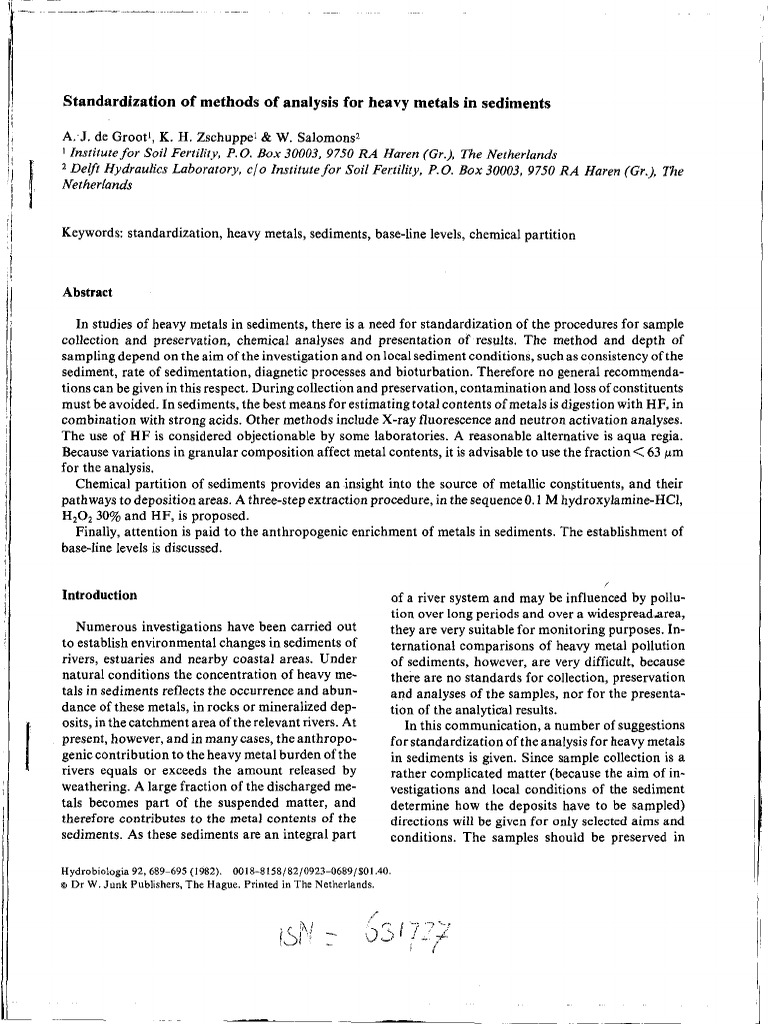 Standardization of Methods of Analysis For Heavy Metals in Sediments ...