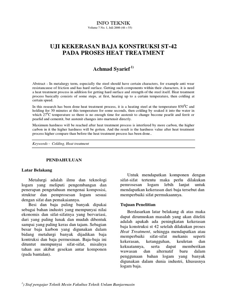 Uji Kekerasan Baja ST-42 Setelah Heat Treatment | PDF | Perlakuan Panas ...