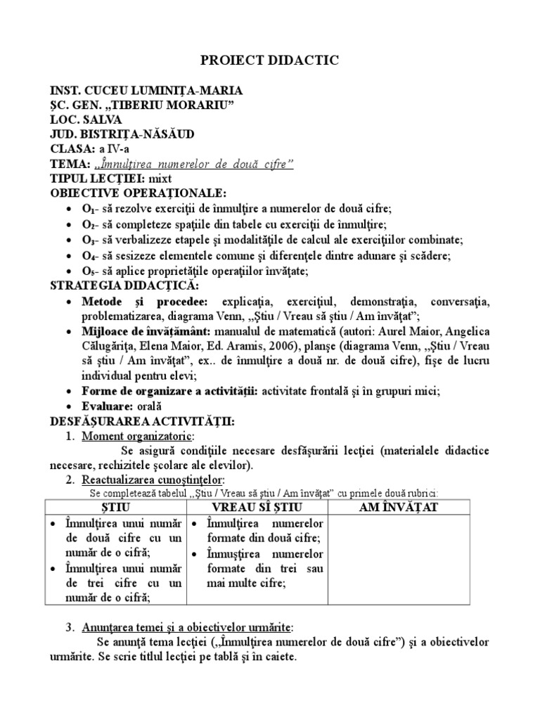 Proiect Didactic Mate Inmultirea | PDF