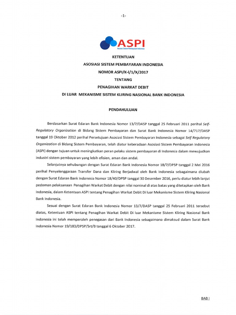 KASPI No. ASPI K-I 1 X2017 - Penagihan Warkat Debit Di Luar Mekanisme SKNBI | PDF