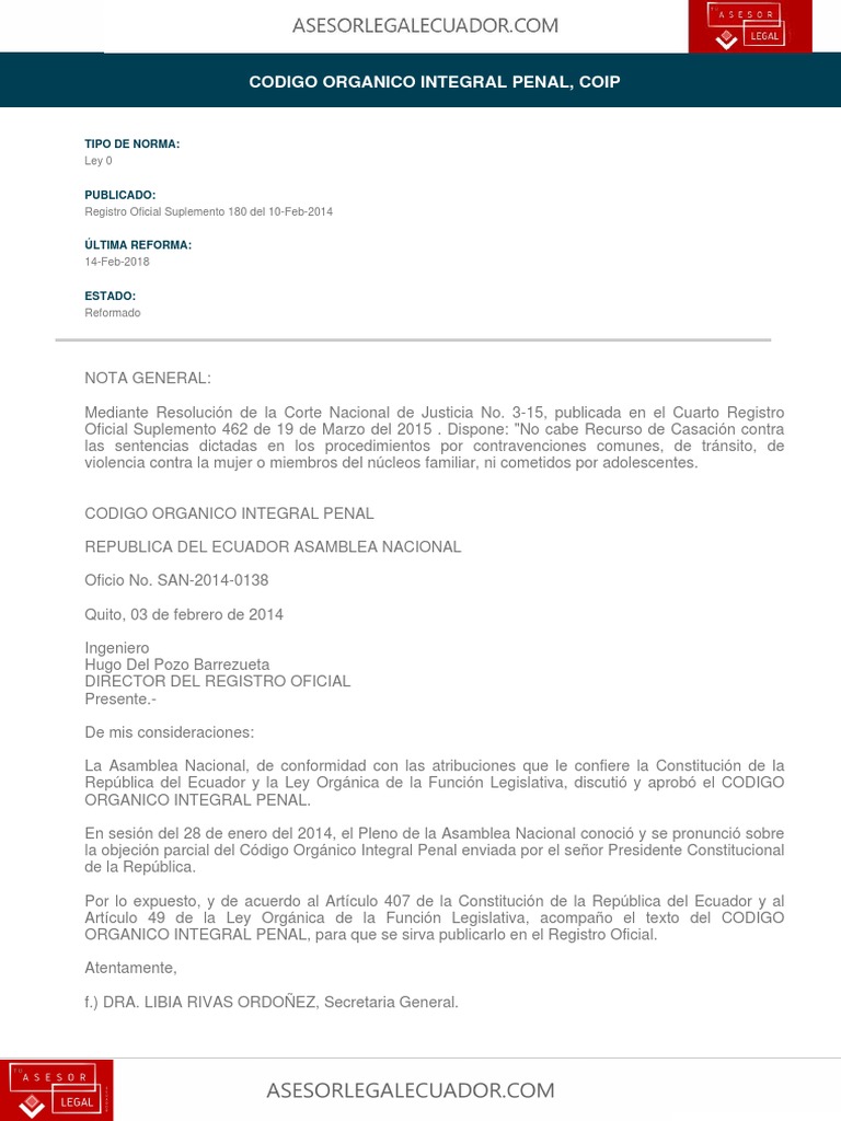 Código Orgánico Integral Penal de Ecuador | PDF | Derecho penal | Ley ...