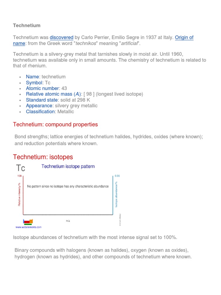 Technetium: Isotopes: Name Symbol Atomic Number Relative Atomic Mass ...