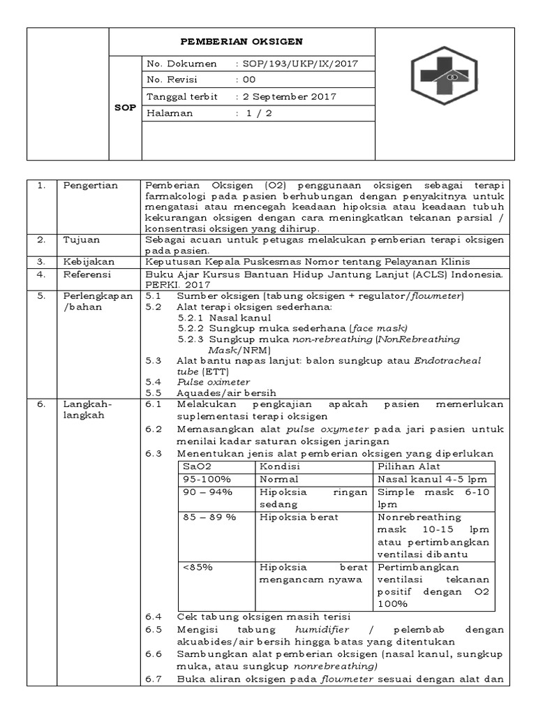 SOP Pemberian Oksigen | PDF