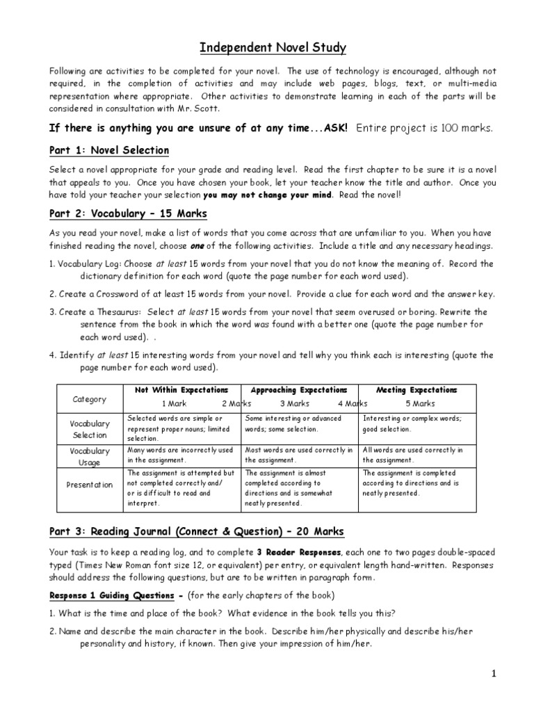 Independent Novel Study PDF Word Books
