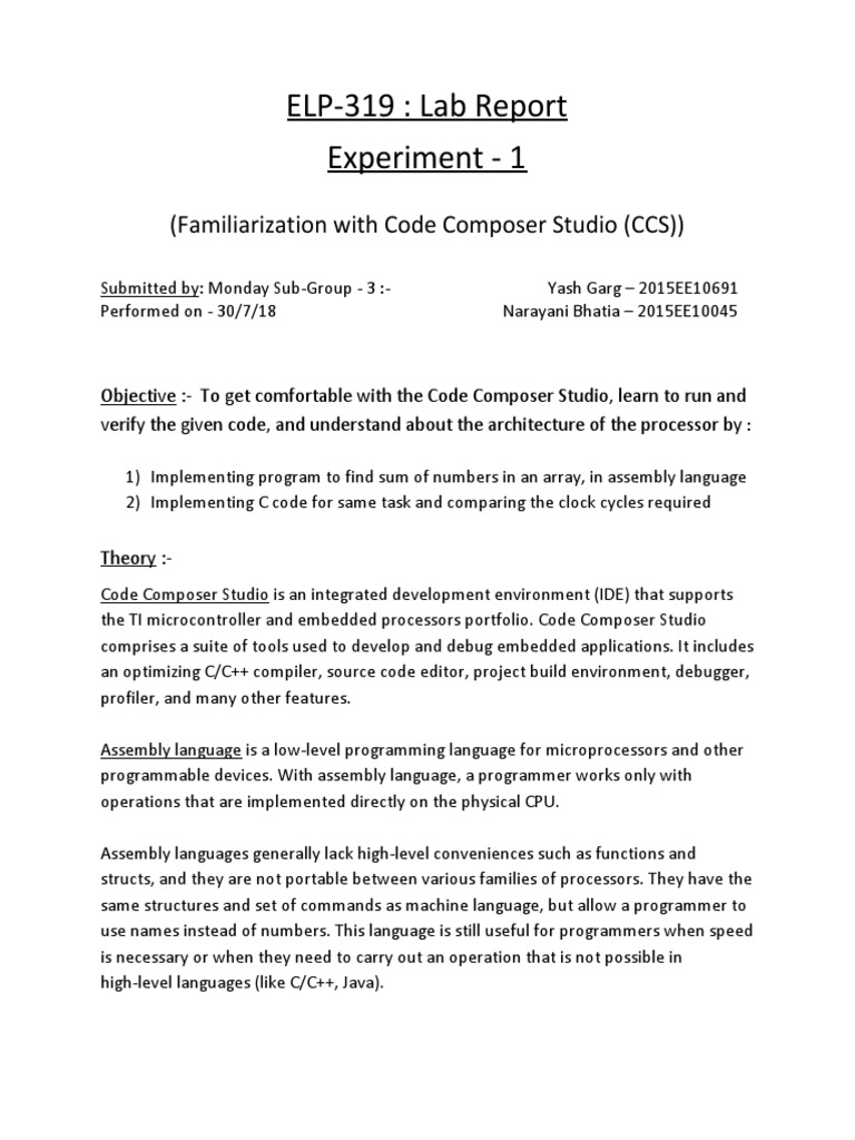 CCS Lab Report: Assembly vs C Code Speed | PDF | C (Programming ...