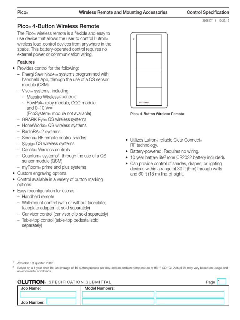 Wireless Remote and Mounting Accessories Control Specification Pico ...