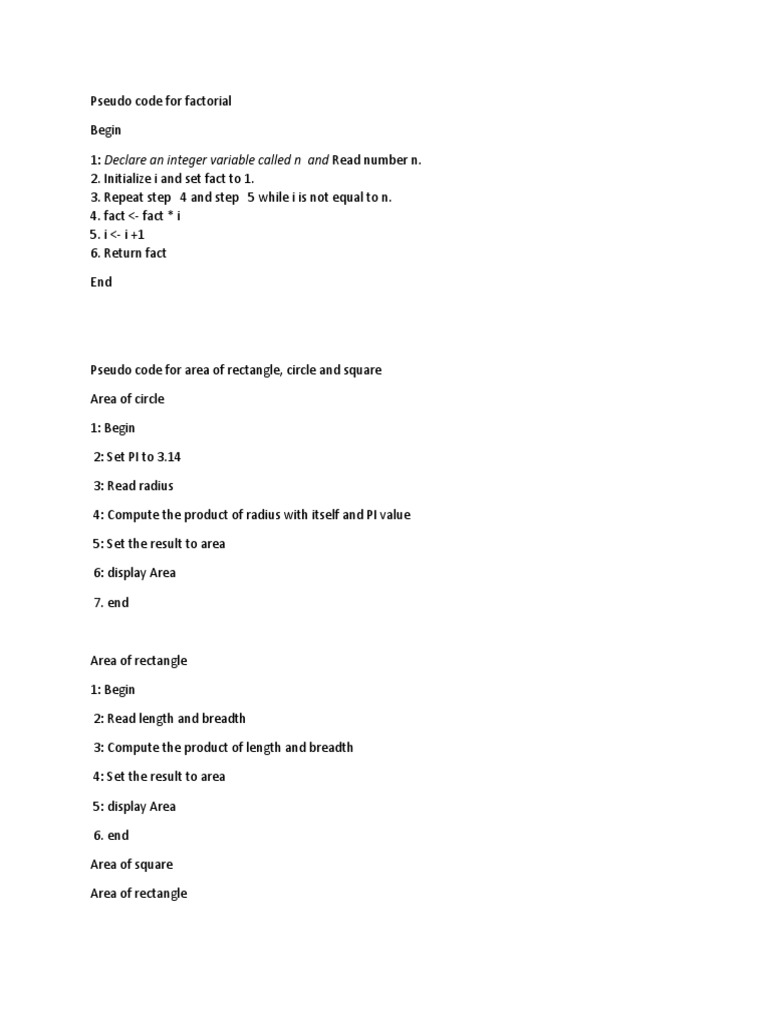 Pseudo Code For Factorial | PDF | Matrix (Mathematics) | Integer (Computer Science)