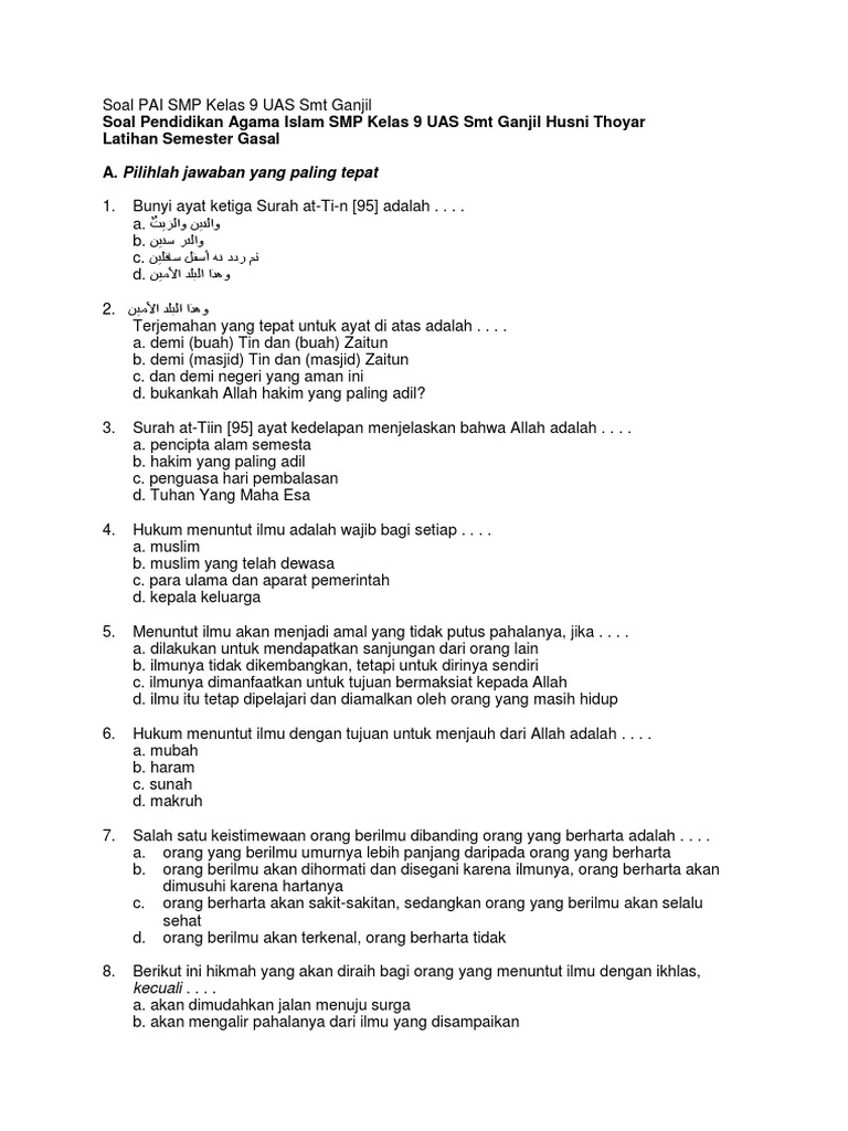 Soal PAI SMP Kelas 9 UAS SMT Ganjil OK | PDF