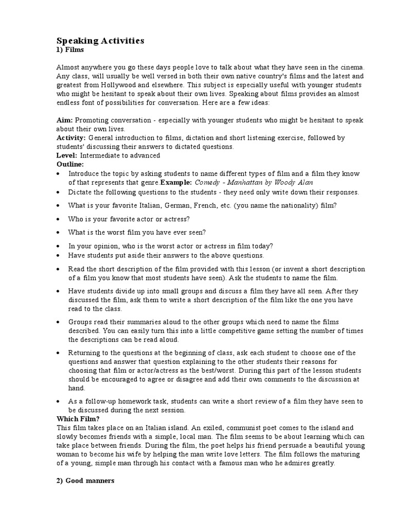 Speaking, Writing, Listening and Reading Activities | PDF | Etiquette