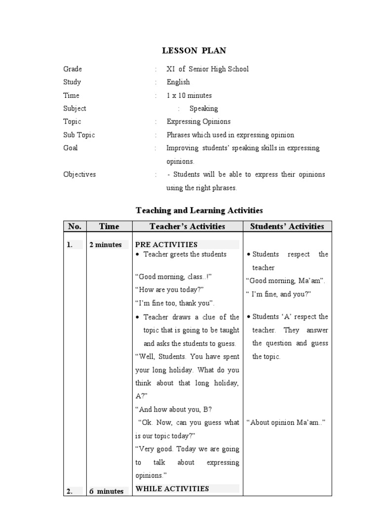 Speaking Lesson Plan: Expressing Opinions | PDF | Lesson Plan | Teachers