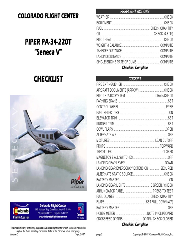 Pa 34 Checklist | PDF | Landing Gear | Takeoff