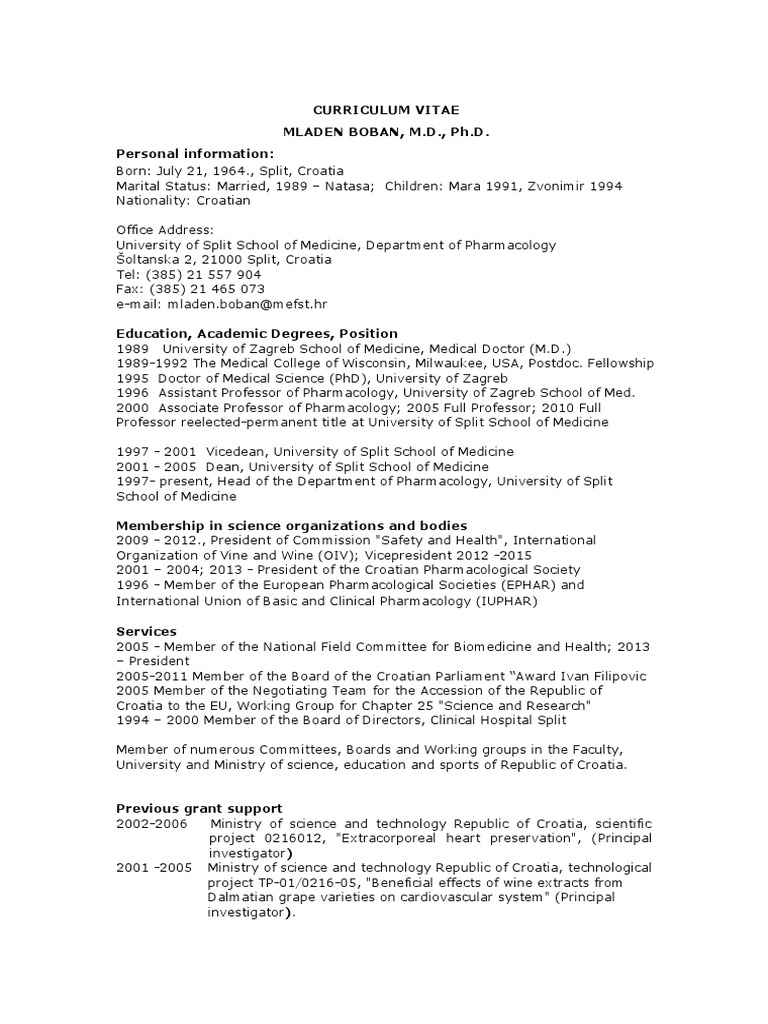 Curriculum Vitae Mladen Boban, M.D., Ph.D. Personal Information | PDF | Medical School | Doctor ...