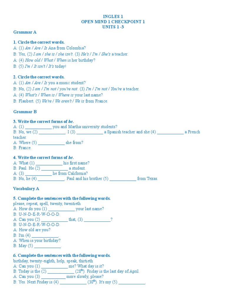 Ingles 1 Checkpoint 1 Units 1-3 | PDF