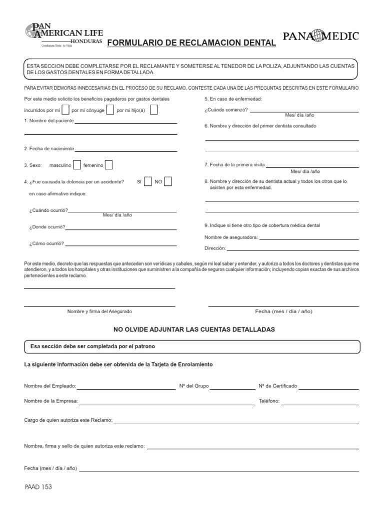 Hoja de Seguro PALIG PANAMEDIC Reclamacion Plan Dental | PDF | Odontología | Medicina