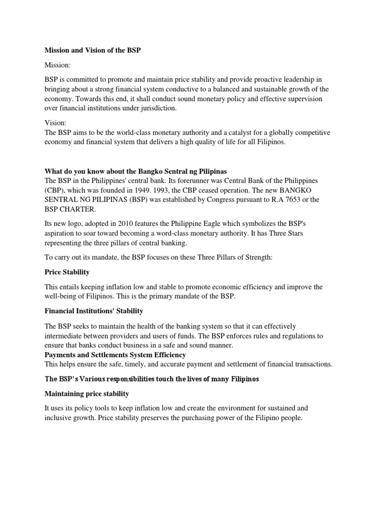Mission and Vision of The BSP | PDF | Economies | Banks