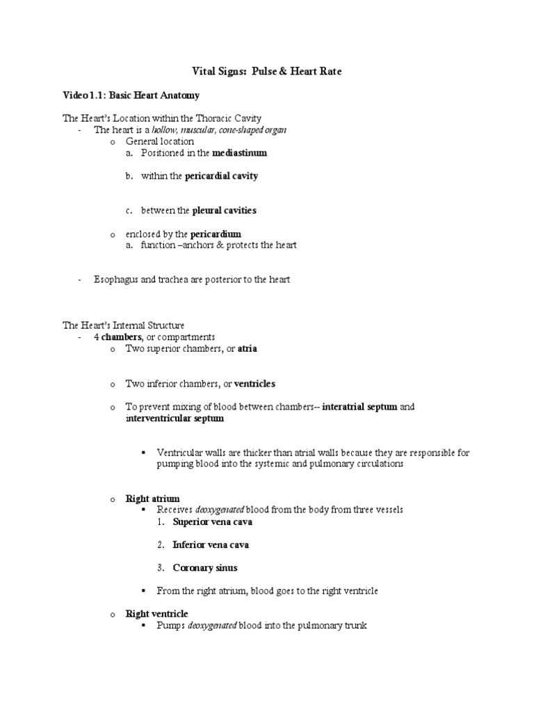 Vital Signs: Pulse & Heart Rate: Video 1.1: Basic Heart Anatomy | PDF