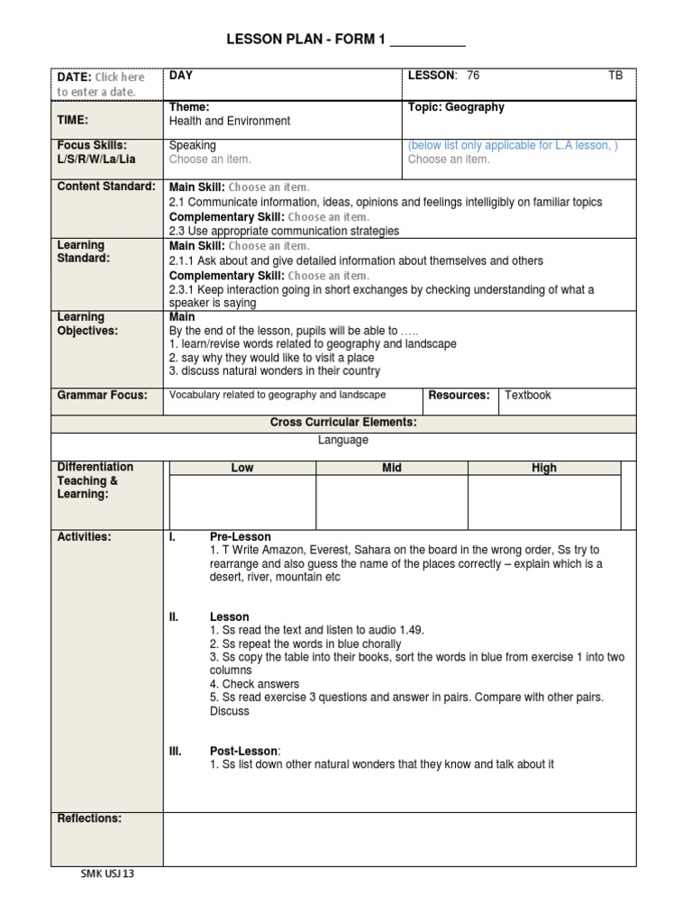 Form 1 CEFR Lesson Plan TB 76 (Unit 4) | PDF | Lesson Plan | Human ...